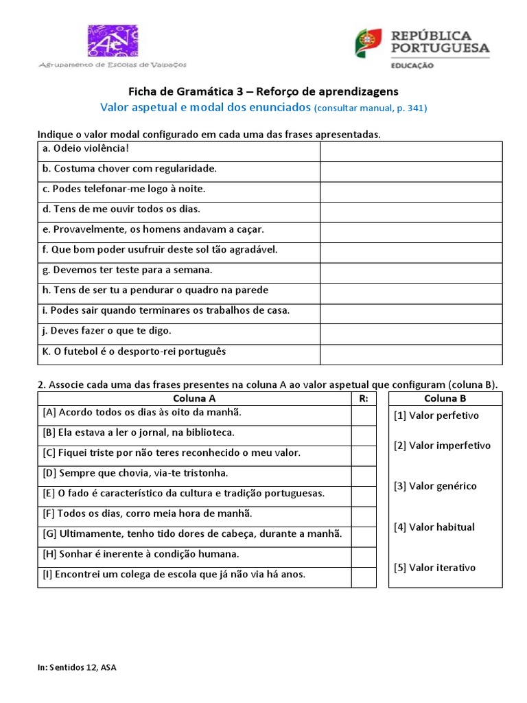 Ficha de Gramática Valor Modal e Aspetual | PDF