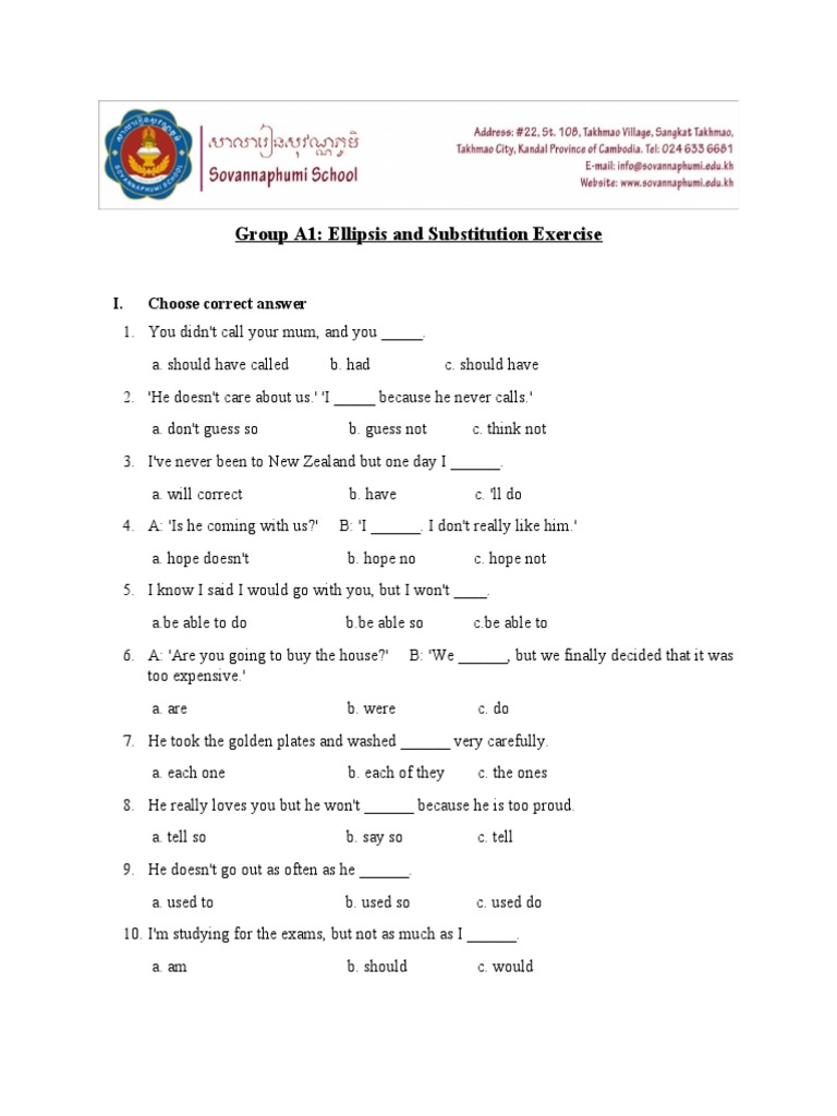 Ellipsis and Substitution Exercises | PDF