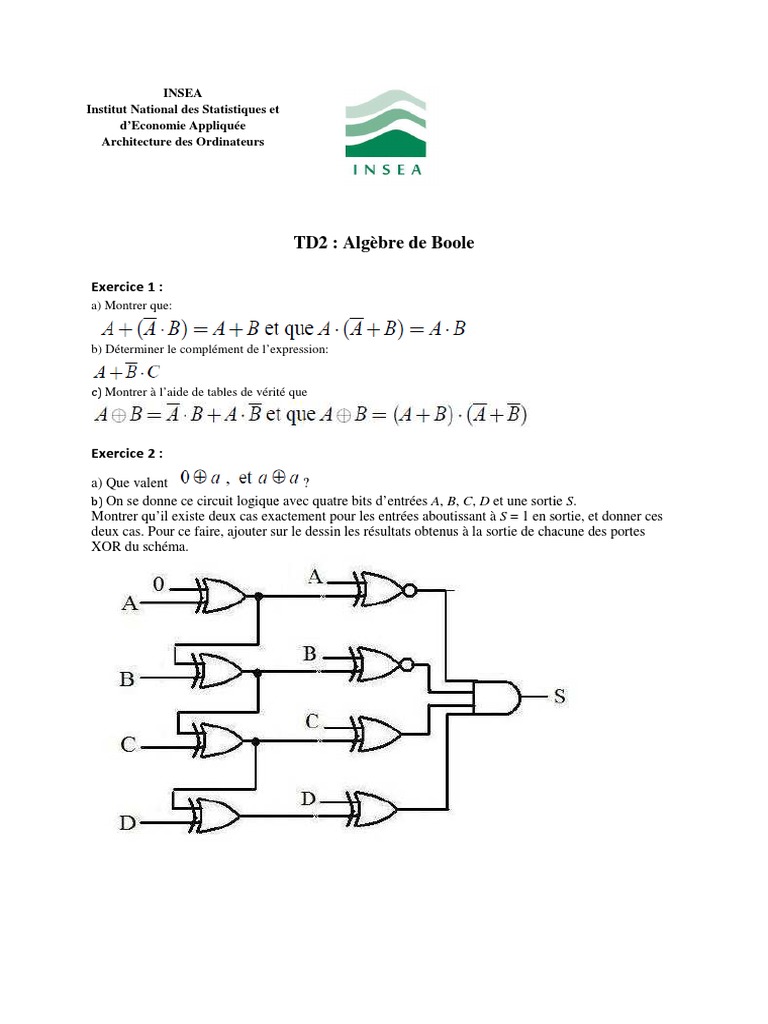 Algèbre de Boole Architecture Des ordinateurs-TD2 | PDF | Méthodes et références pédagogiques ...