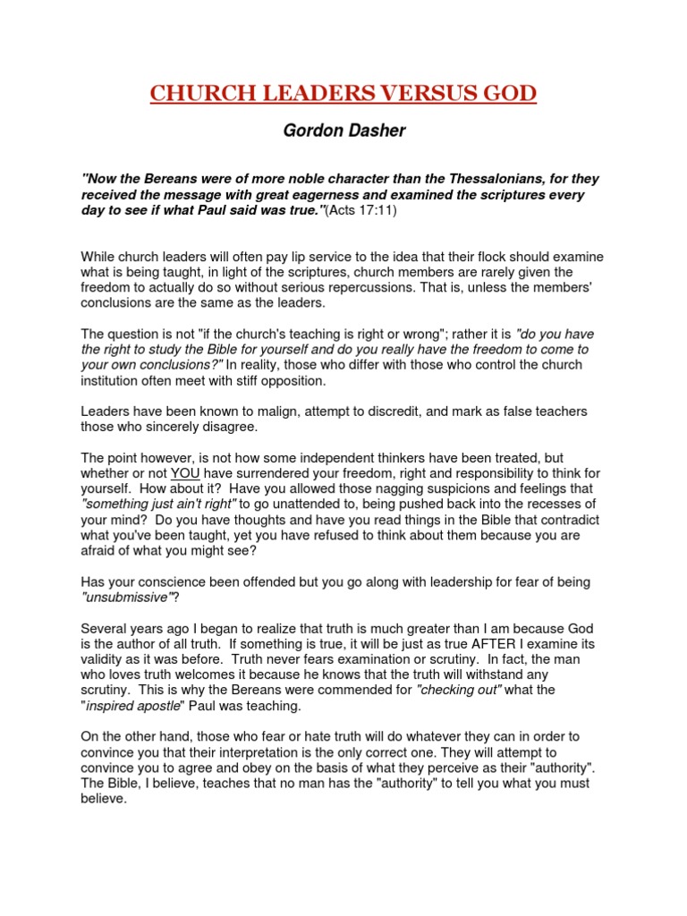 Church Leaders Versus God by Gordon Dasher | PDF | Paul The Apostle | Truth