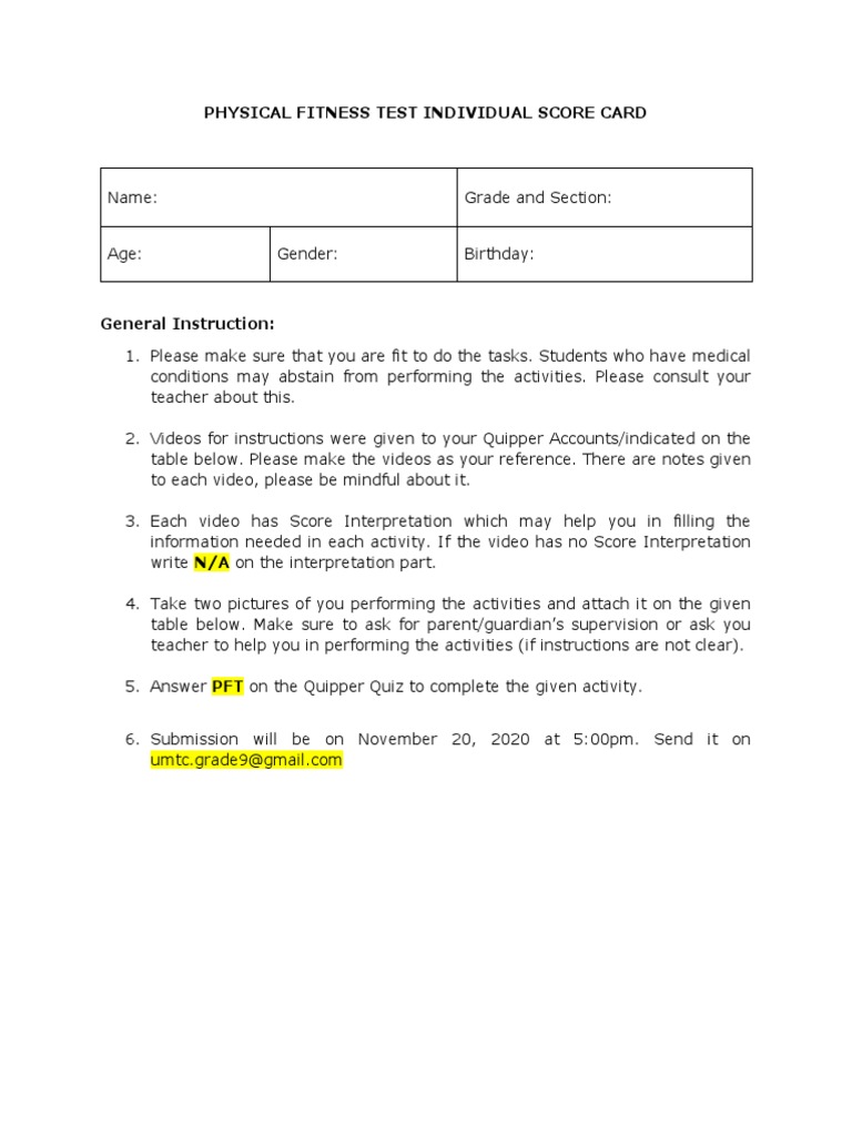 Physical Fitness Test Score Card | PDF | Learning | Sports
