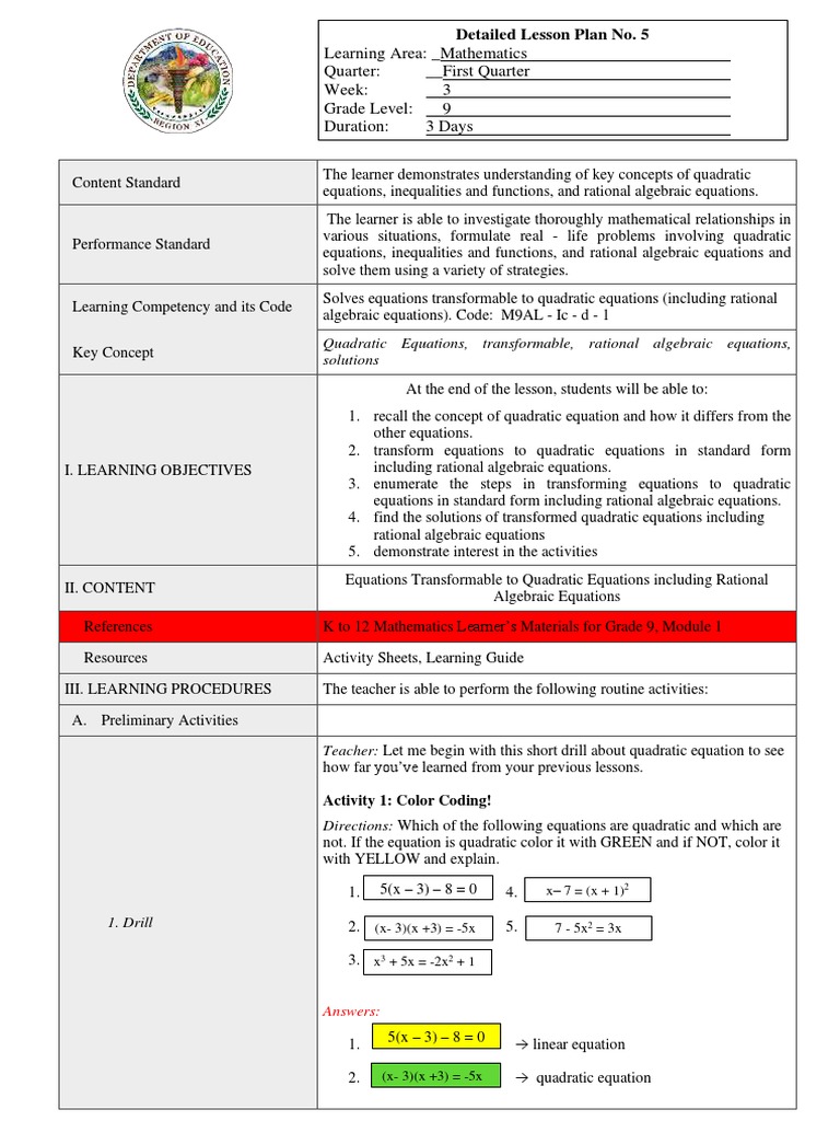 Learning Area: - Mathematics Quarter: - First Quarter Week: 3 Grade ...