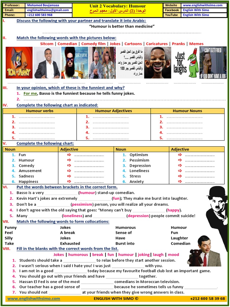 Unit 2 Vocabulary Humor by English With Simo | PDF | Humour | Jokes
