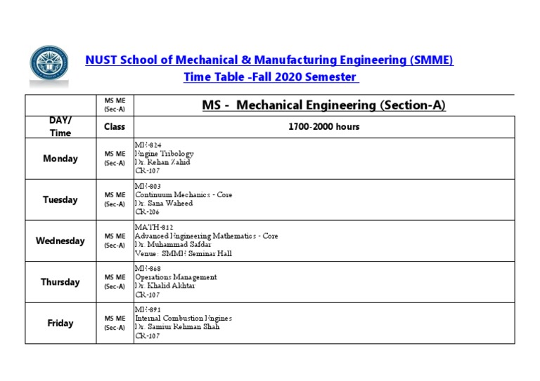 NUST School of Mechanical & Manufacturing Engineering (SMME) Time Table ...
