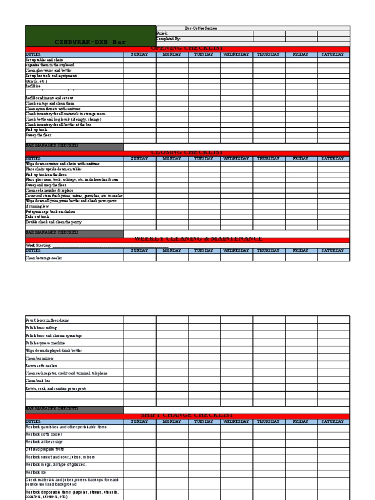 Barista-Bartender Duties Checklist | PDF | Drink | Food And Drink