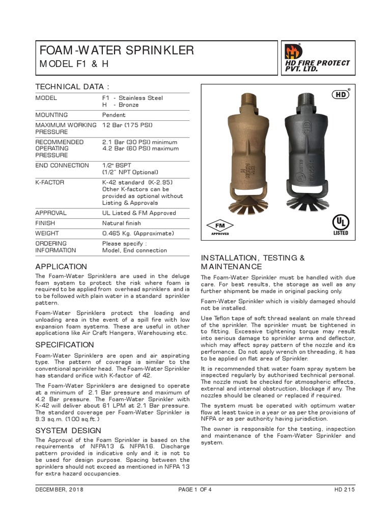 Foam-Water Sprinkler: Model F1 & H | Download Free PDF | Fire Sprinkler ...
