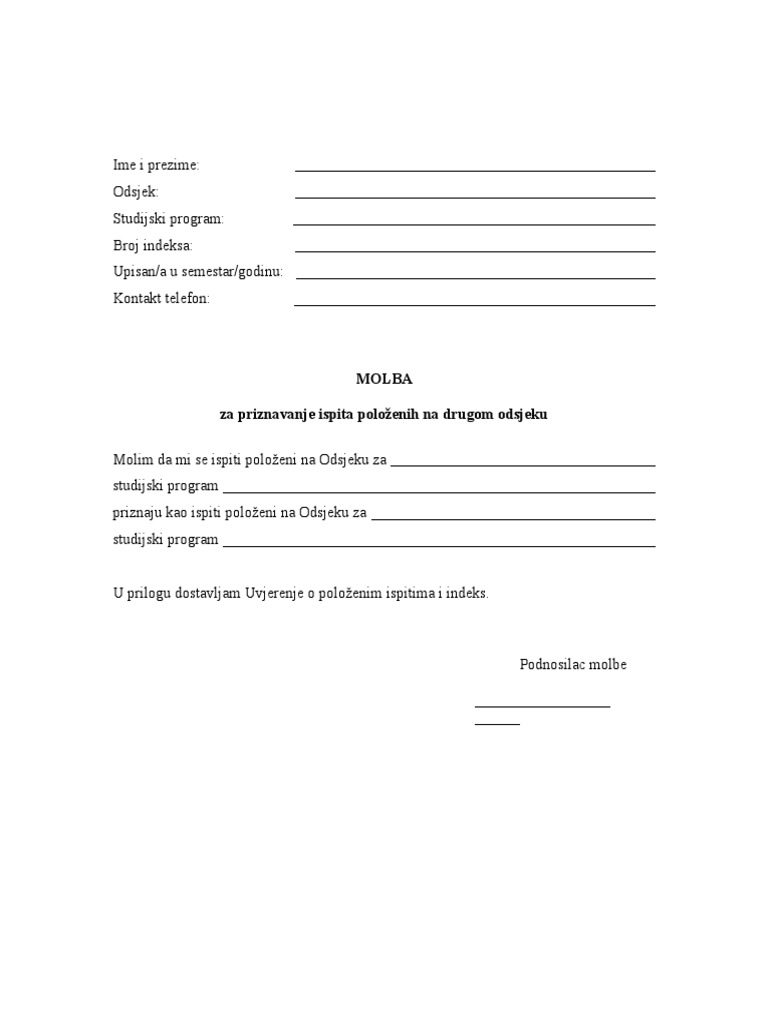 Molba Priznavanje Ispita Polozenih Na Drugom Odsjeku | PDF