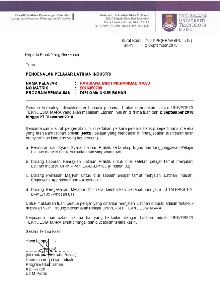 Surat Pengenalan Pelajar Latihan Industri 2 Sept-27 Dis 2018 | PDF