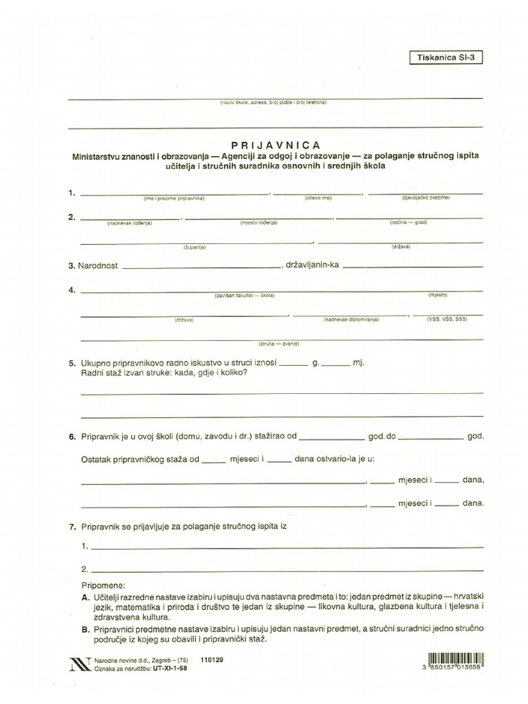 Prijavnica Za Polaganje Stručnog Ispita - TISKANICA SI-3 | PDF