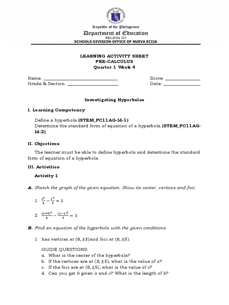 Pre Calculus LAS Q1 Week 4 Hyperbolas | PDF | Space | Discrete Mathematics
