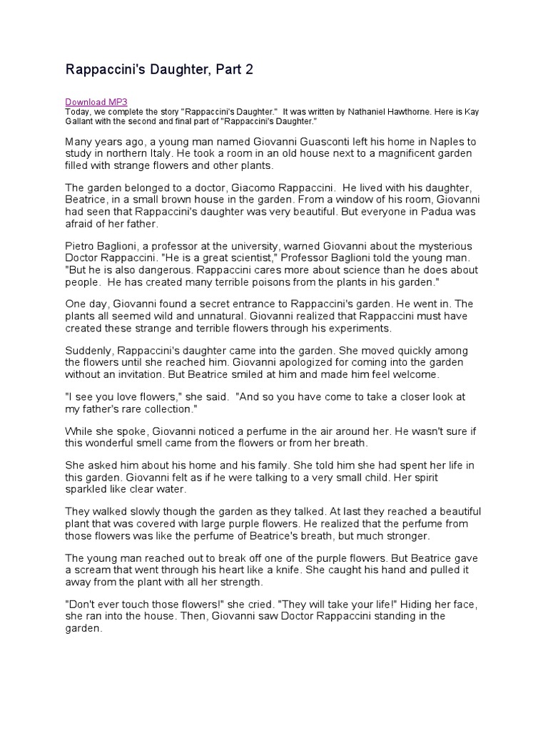 Rappaccini's Daughter: Final Part Summary | PDF | Mystery, Thriller ...