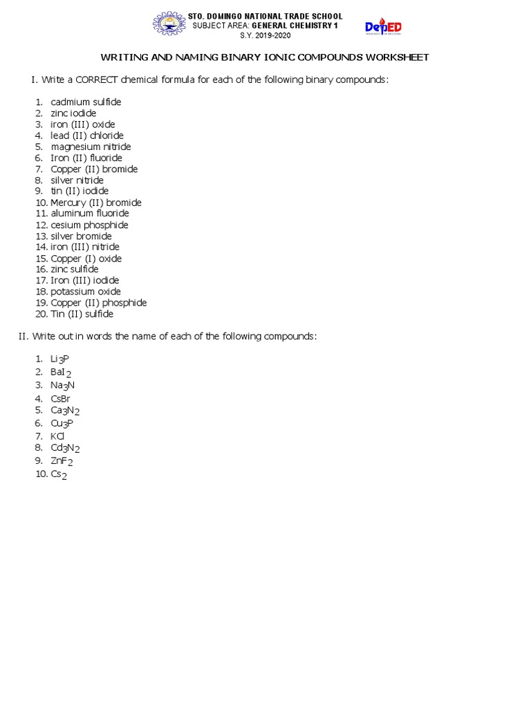 Naming Binary Ionic Compounds Worksheet | PDF