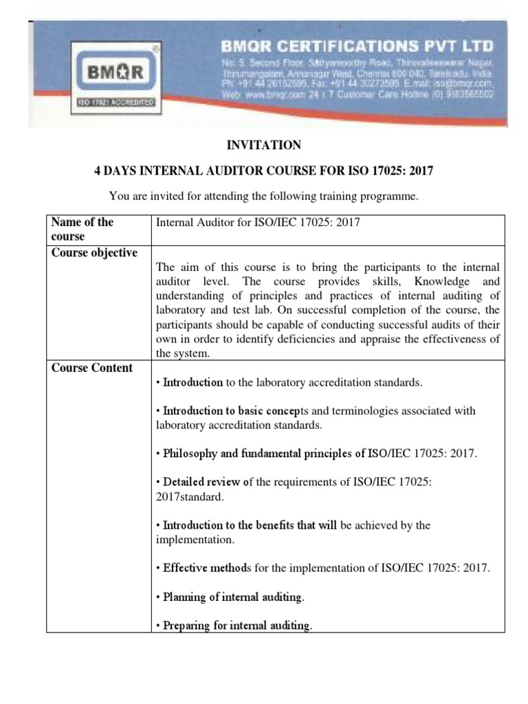 INVITATION NABL ISO 17025-2017 Internal Auditor (New) | PDF | Internal ...