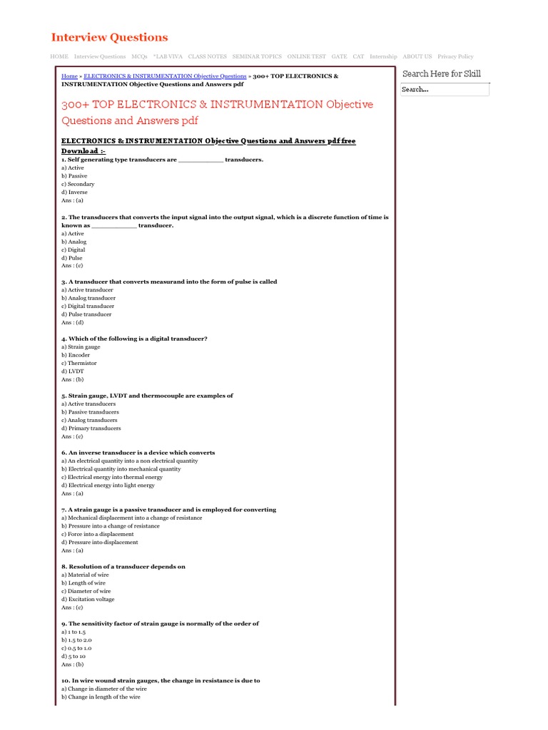 300+ TOP ELECTRONICS & INSTRUMENTATION Objective Questions and Answers ...