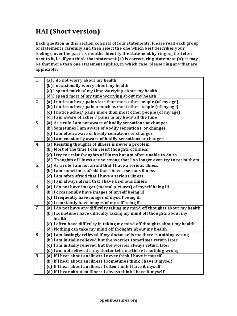 Health Anxiety Inventory Scoring Guide | PDF | Wellness | Science ...