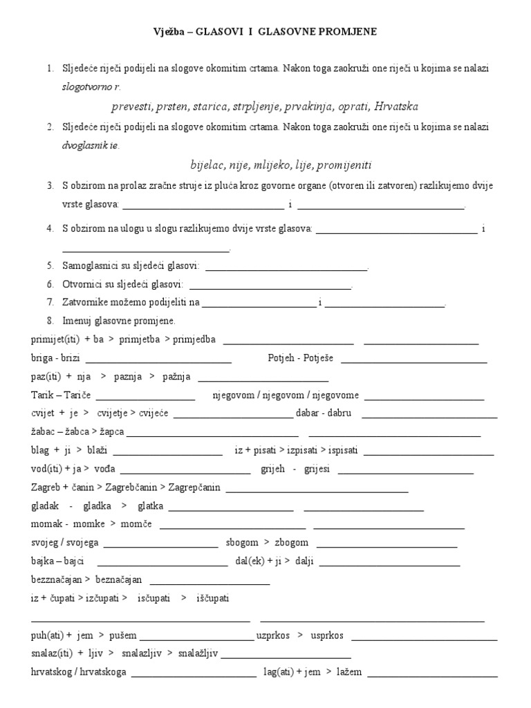 Vjezba - GLASOVI I GLASOVNE PROMJENE PDF | PDF