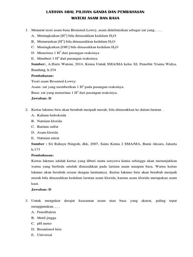 Latihan Soal Pilihan Ganda Dan Pembahasan Materi Asam Dan Basa | PDF