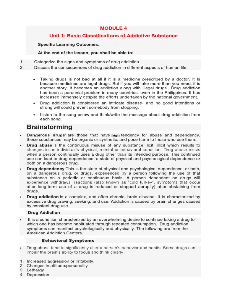 Brainstorming: Unit 1: Basic Classifications of Addictive Substance ...