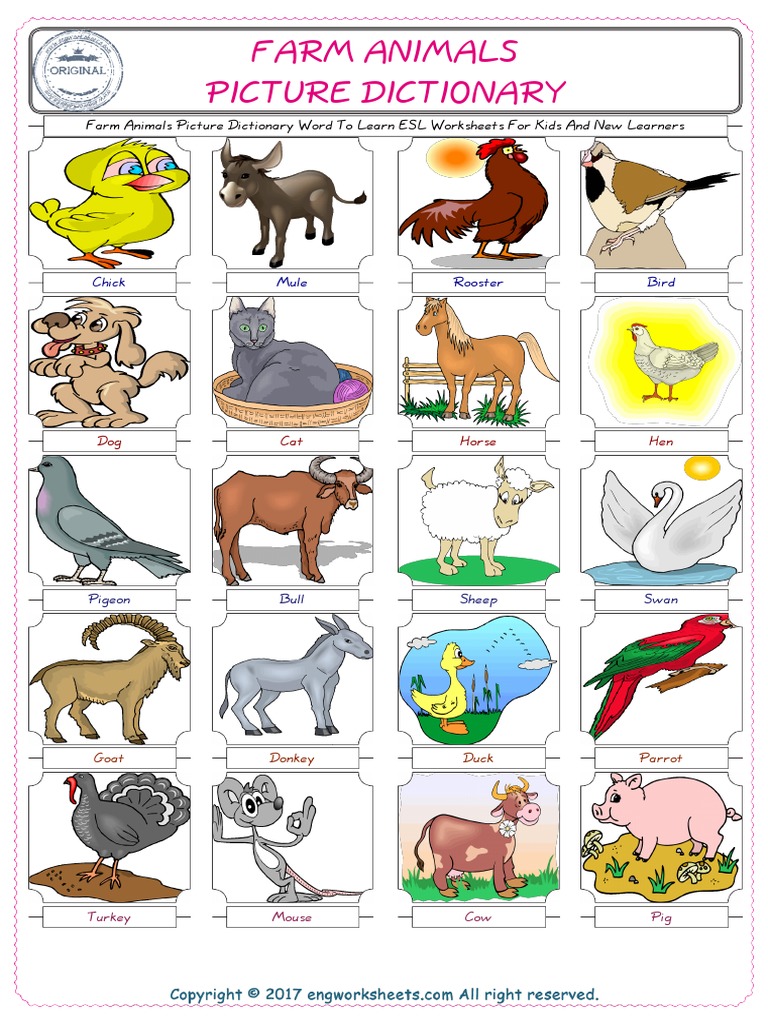 Farm Animals Picture Dictionary Word To Learn ESL Worksheets For Kids ...