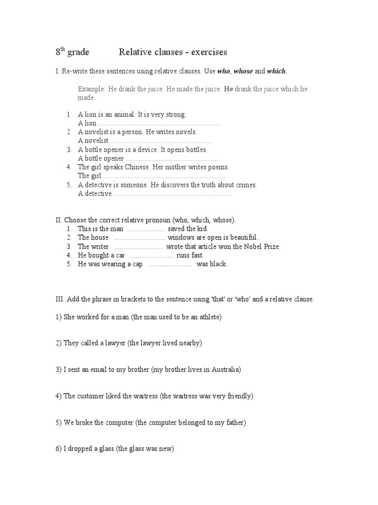 A Comprehensive Exercise on Using Relative Clauses to Combine Sentences ...