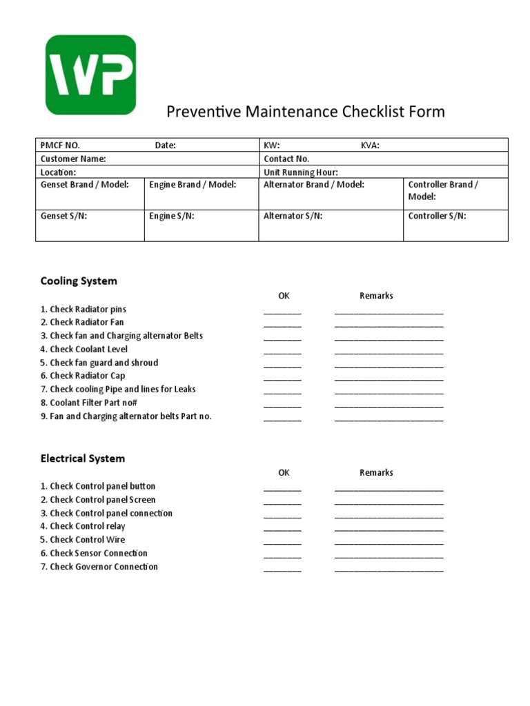 Preventive Maintenance Checklist Form | PDF | Energy Technology | Power ...