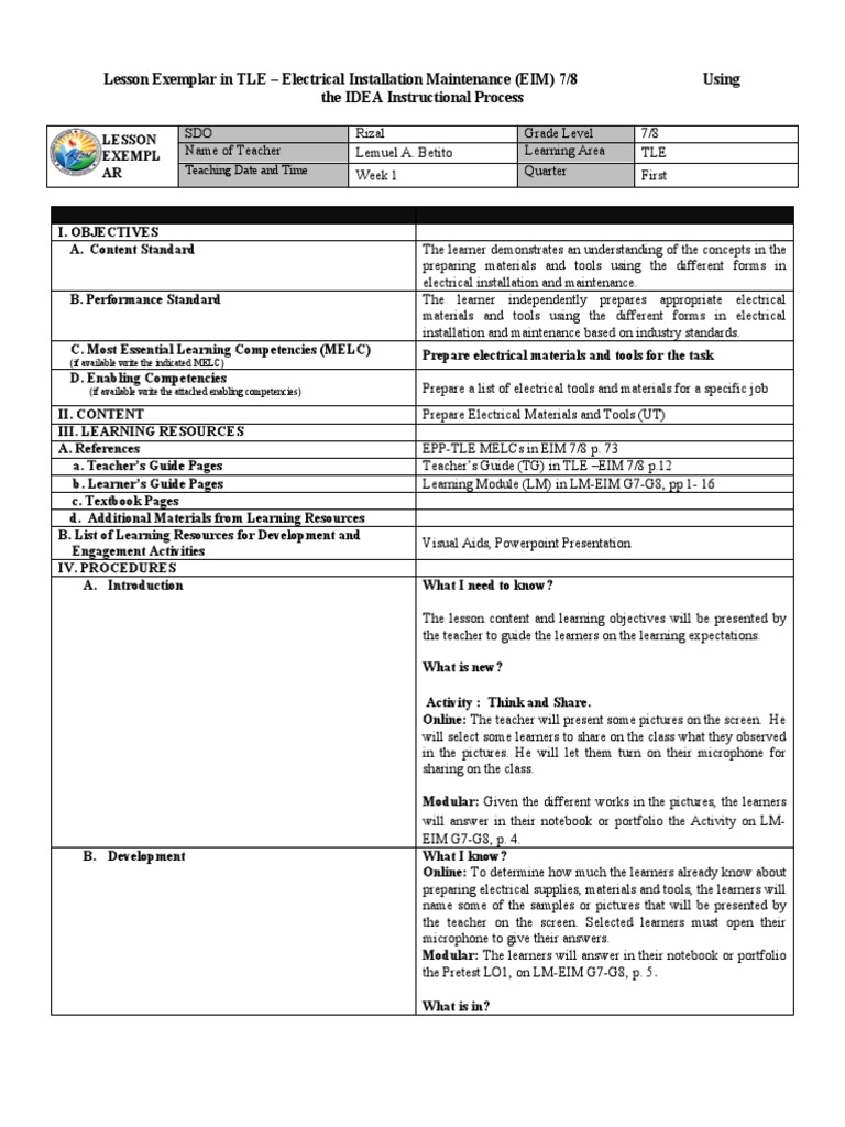 Lesson Exemplar in TLE - Electrical Installation Maintenance (EIM) 7/8 ...