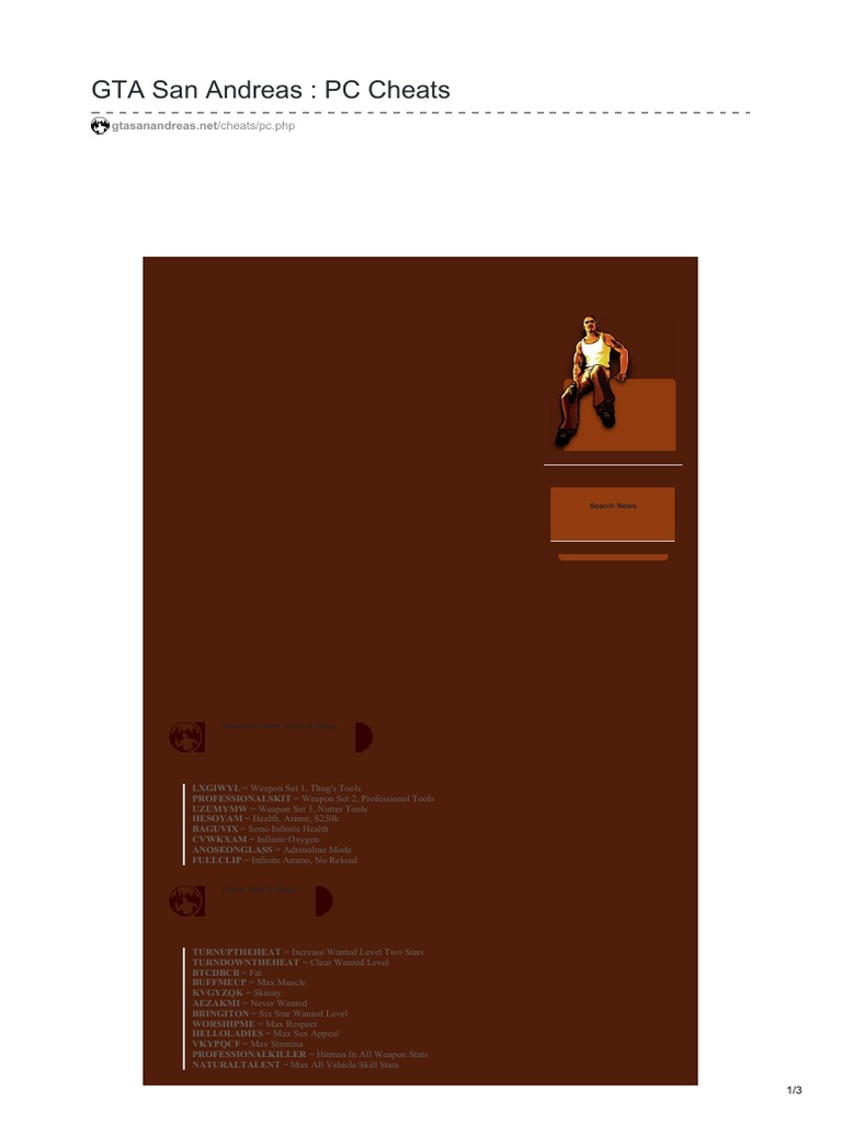 GTA San Andreas PC Cheats | PDF | Weaponry | Leisure