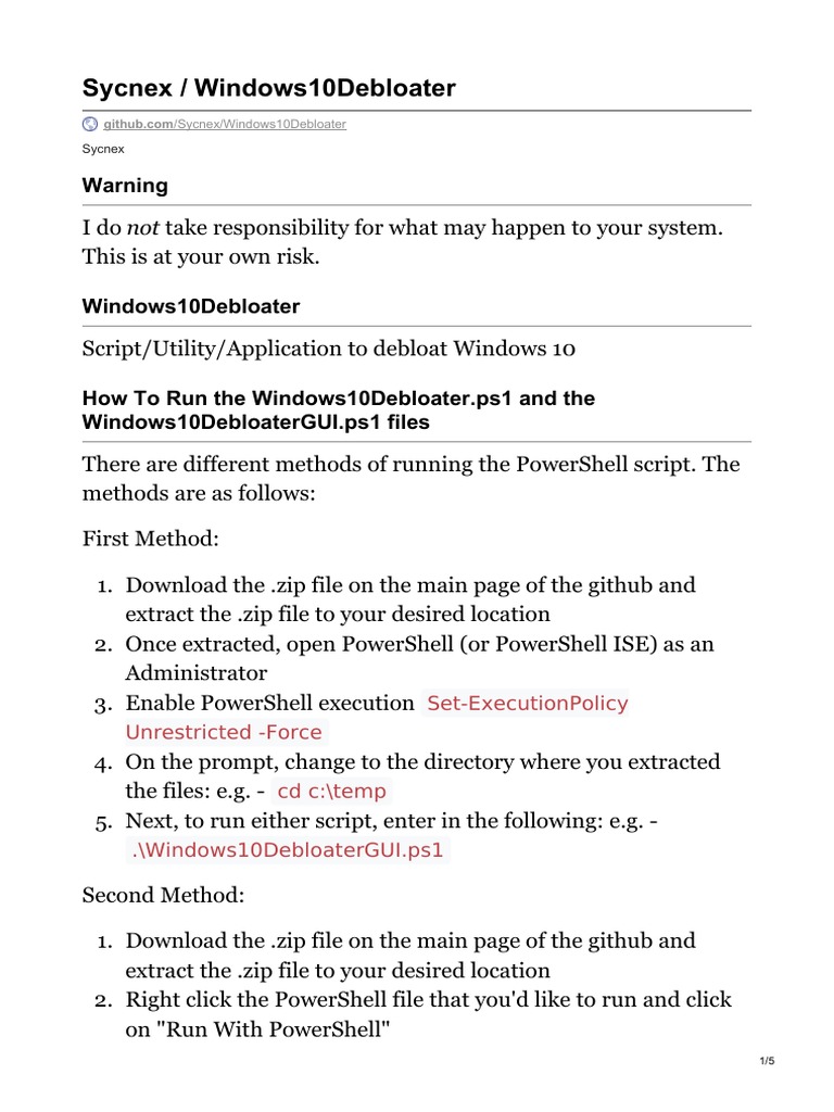 Sycnex Windows10Debloater | PDF | Command Line Interface | Scripting Language