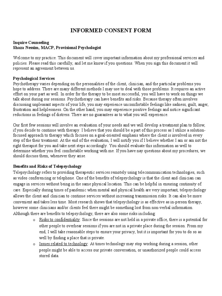 Internet Consent Form | PDF | Confidentiality | Psychotherapy