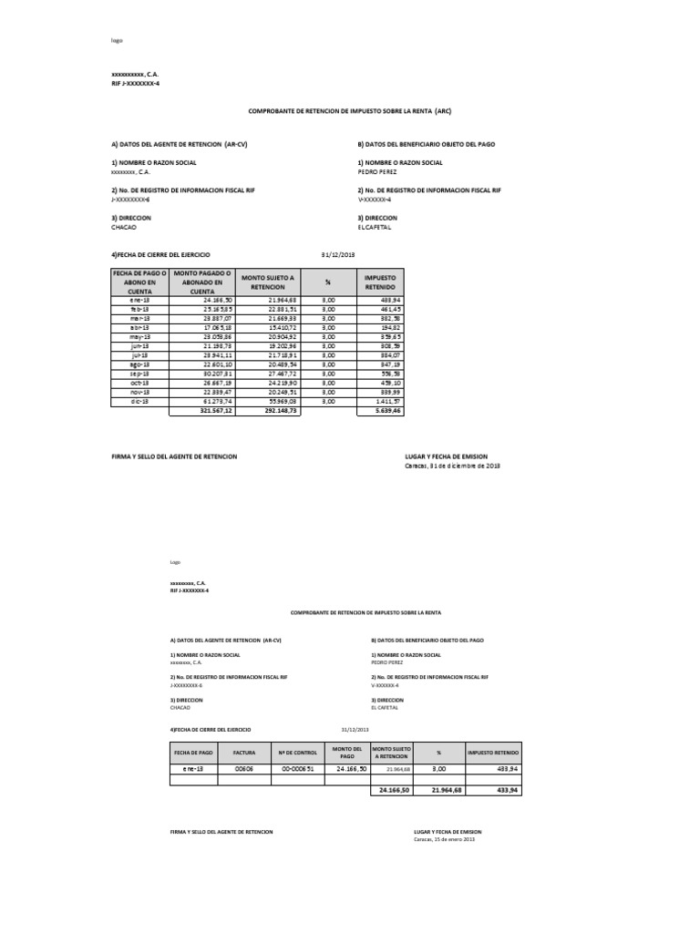 Modelo Comprobante REt ISLR Mensual y Anual ARC | PDF | Finanzas del ...