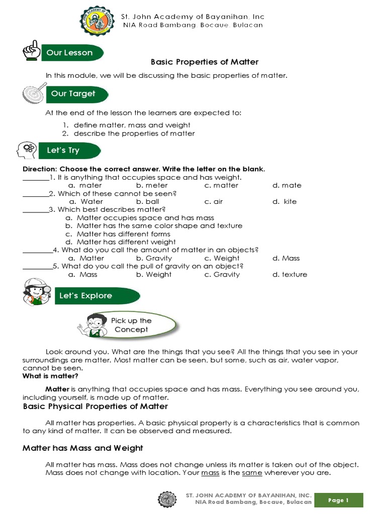Scince3-Q1W1-properties of Matter | PDF | Weight | Mass