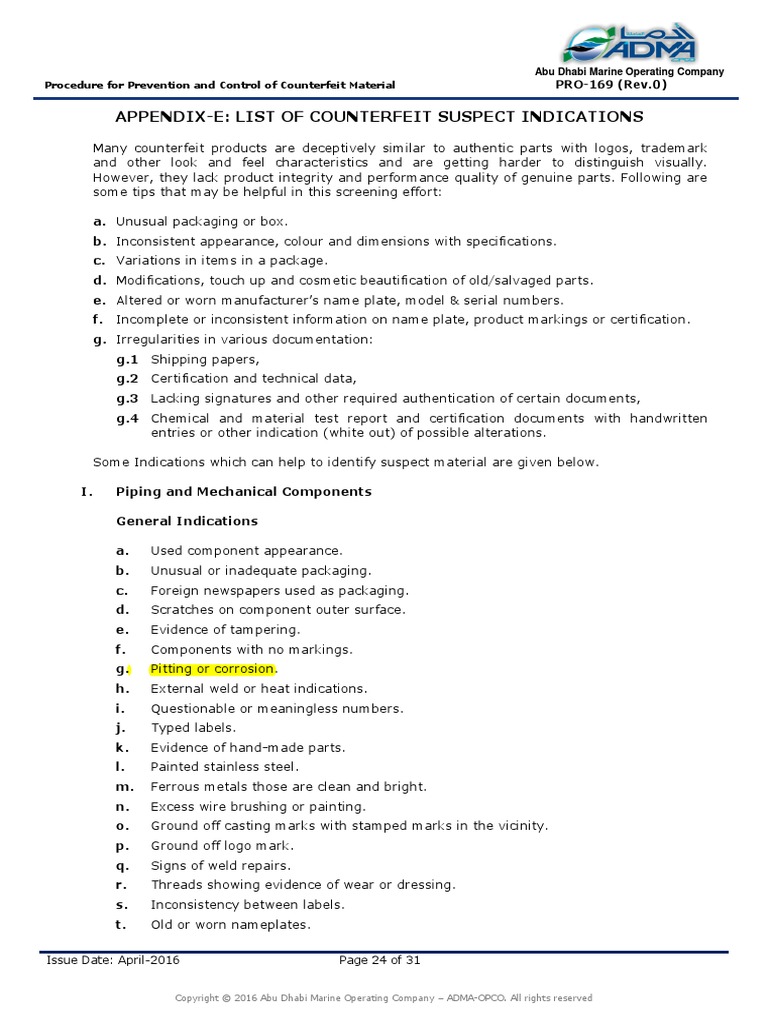 Appendix-E: List of Counterfeit Suspect Indications | PDF | Screw | Valve