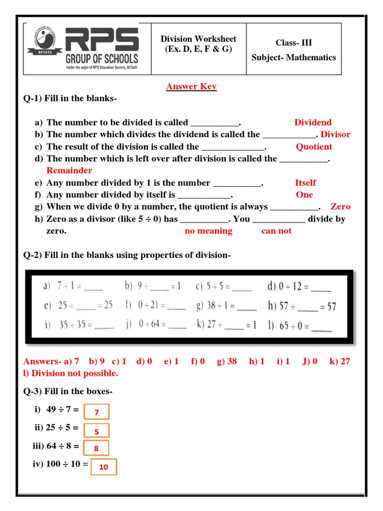 Answer Key: Division Worksheet (Ex. D, E, F & G) Class-III Subject ...