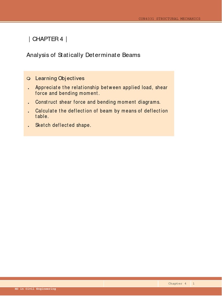 Chapter 4 Analysis of Statically Determinate Beams: Learning Objectives | PDF | Bending | Beam ...