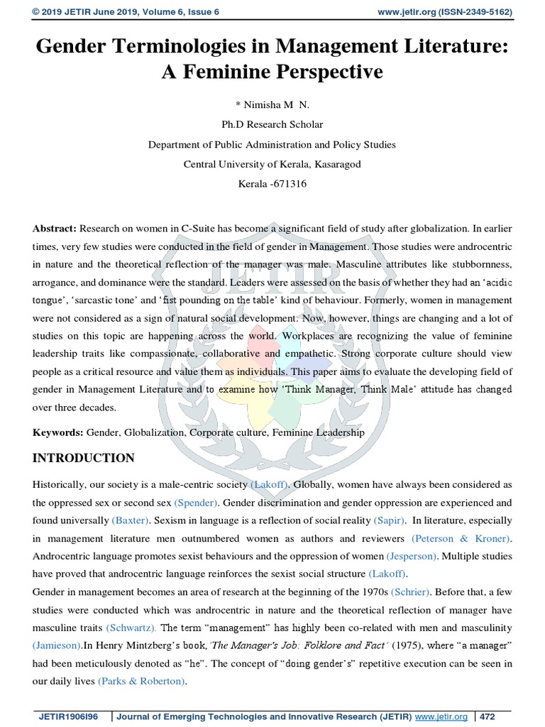 Gender Terminologies in Management Literature: A Feminine Perspective | PDF | Sexism | Gender Role