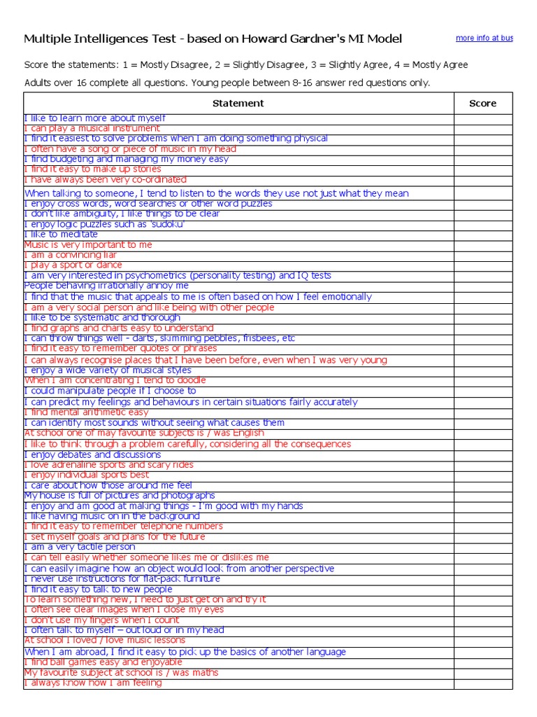 Multiple Intelligences Test - Based On Howard Gardner's MI Model | PDF ...