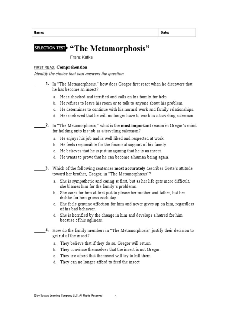 "The Metamorphosis": Identify The Choice That Best Answers The Question ...