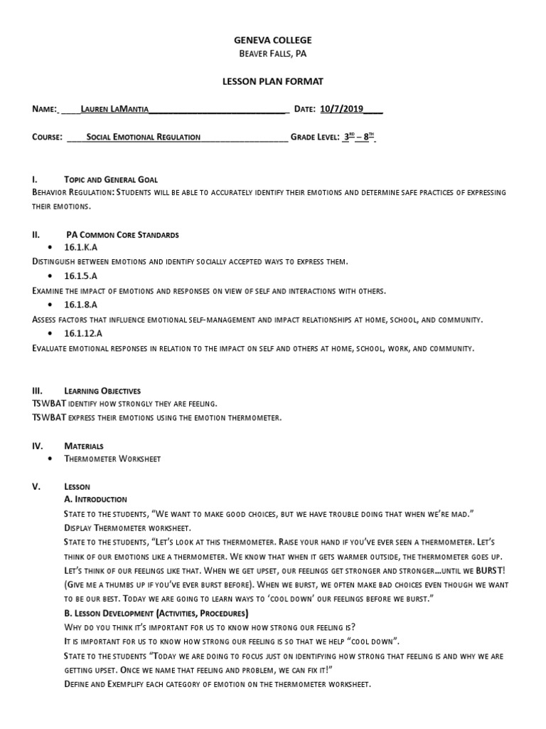 Behavioral Regulation Lesson Plan | PDF | Feeling | Emotions