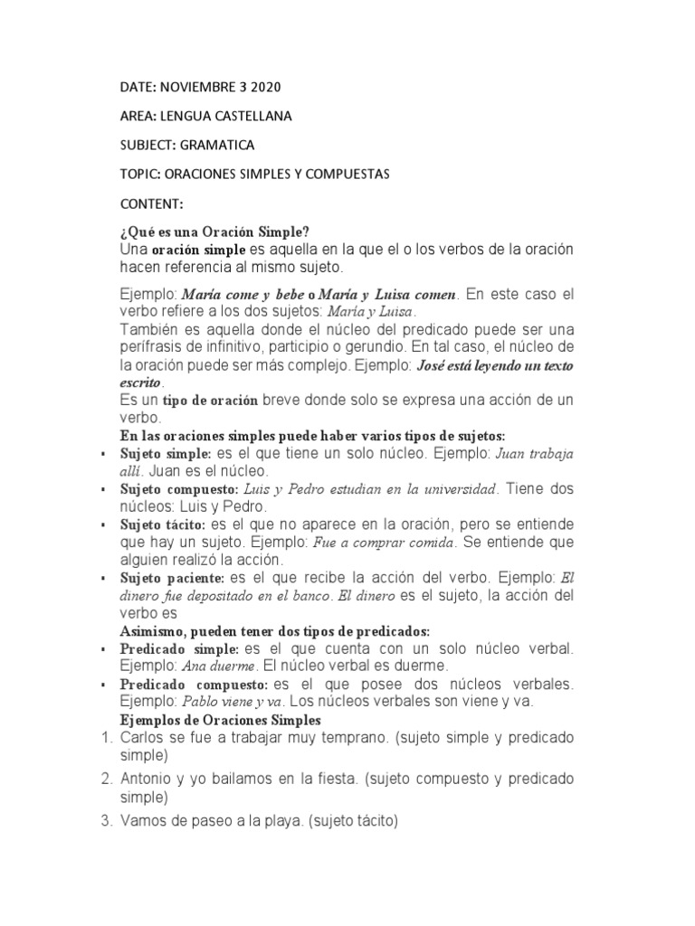 Oraciones Simples y Compuestas | PDF | Verbo | Asunto (gramática)
