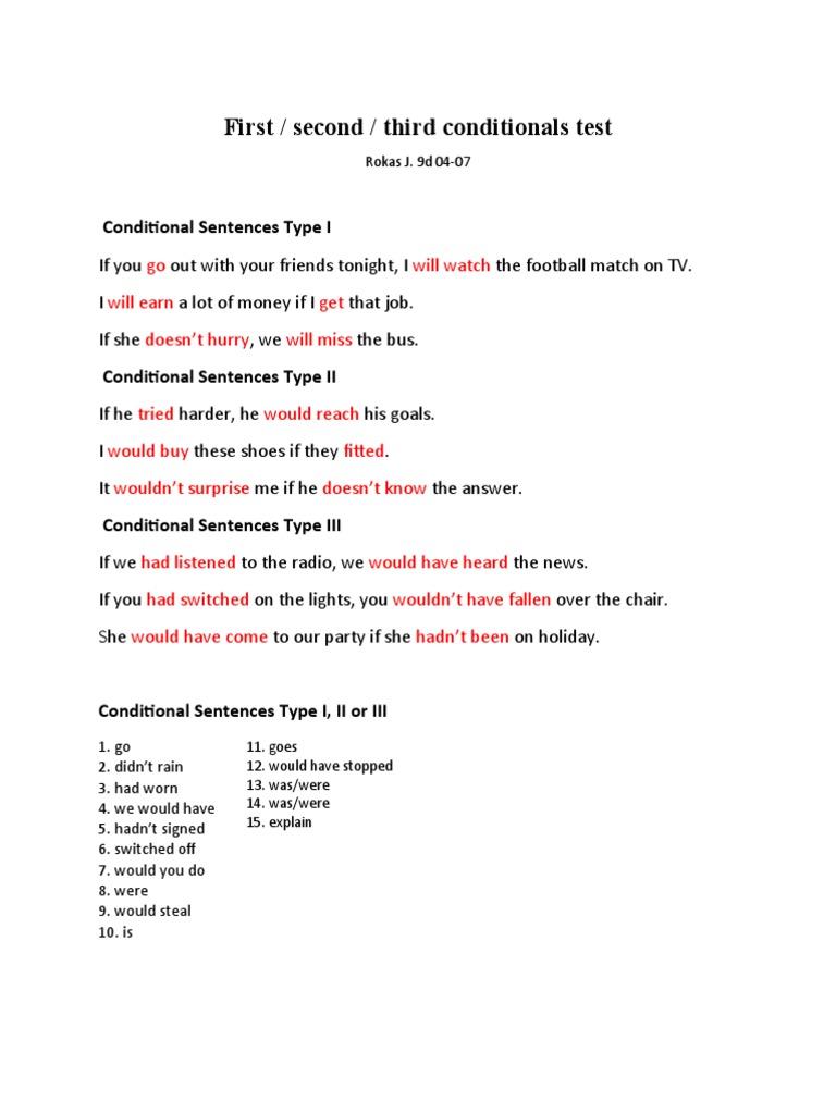 First / Second / Third Conditionals Test: Conditional Sentences Type I ...