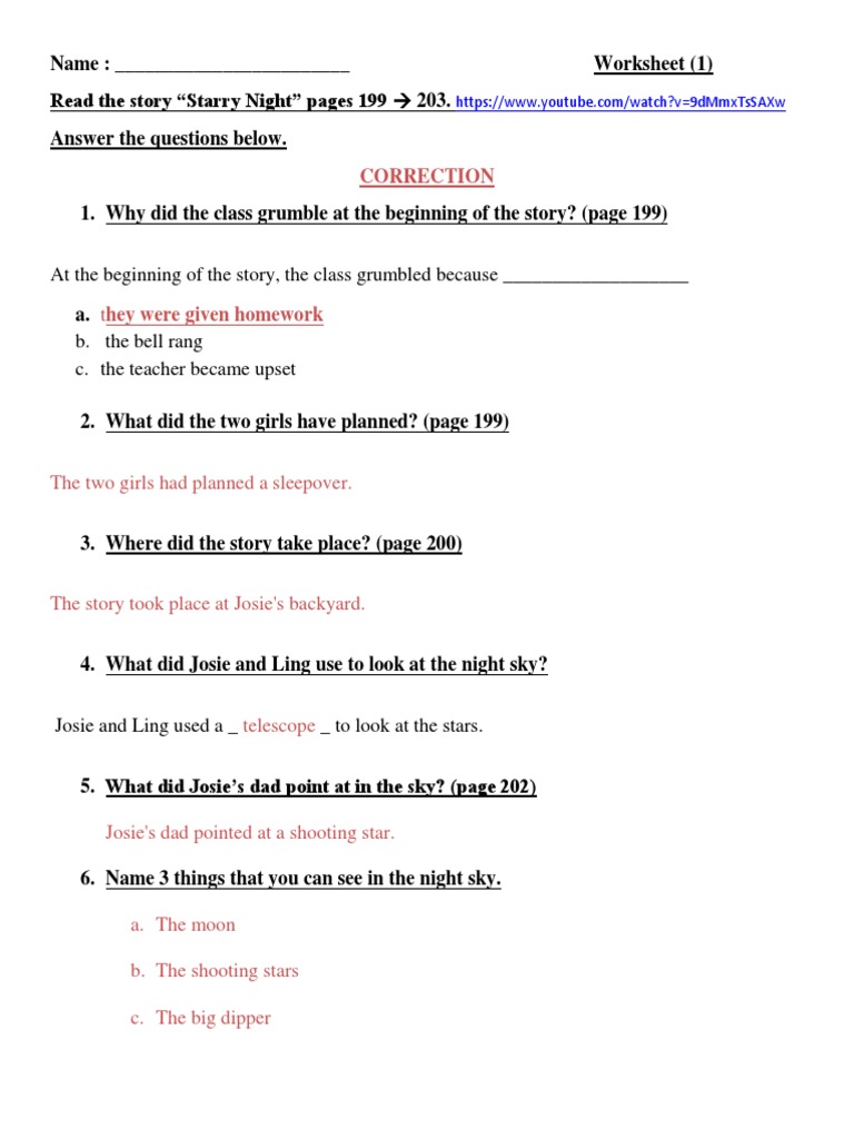 Starry Night Comprehension Worksheet | PDF | Language Arts & Discipline