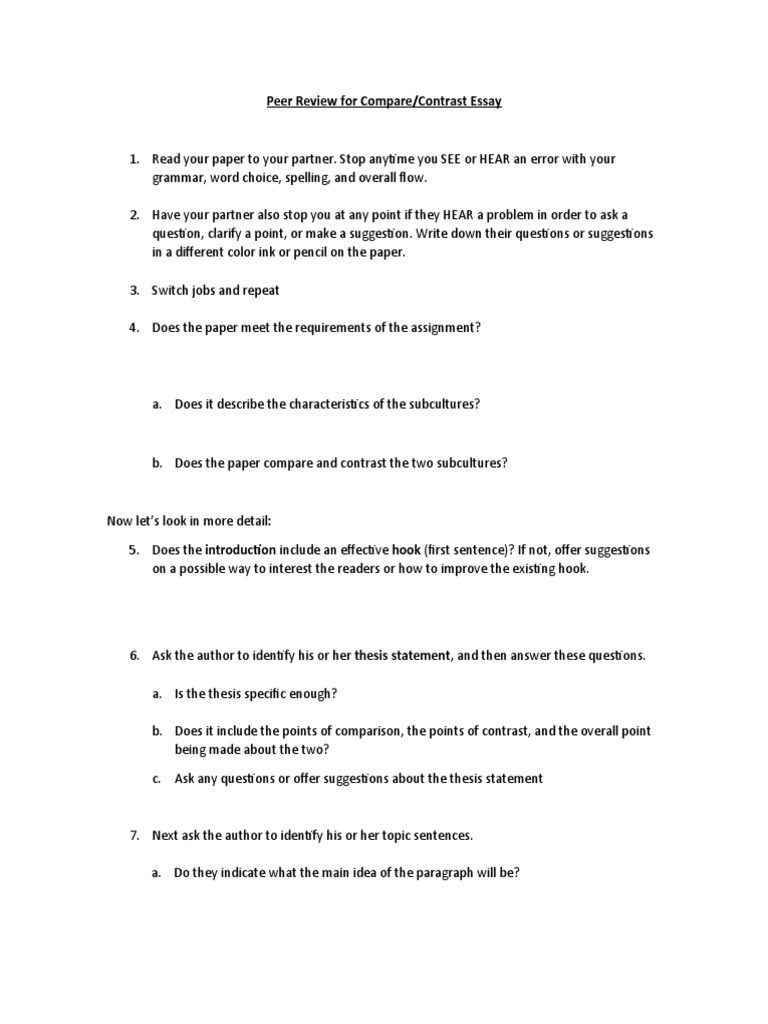 Peer Review For Compare and Contrast Worksheet | PDF | Question | Essays