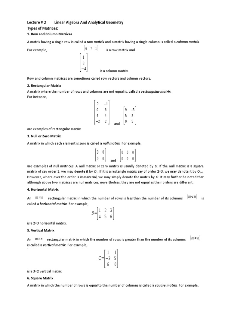 Lecture # 2 Types of Matrices:: Linear Algebra and Analytical Geometry ...