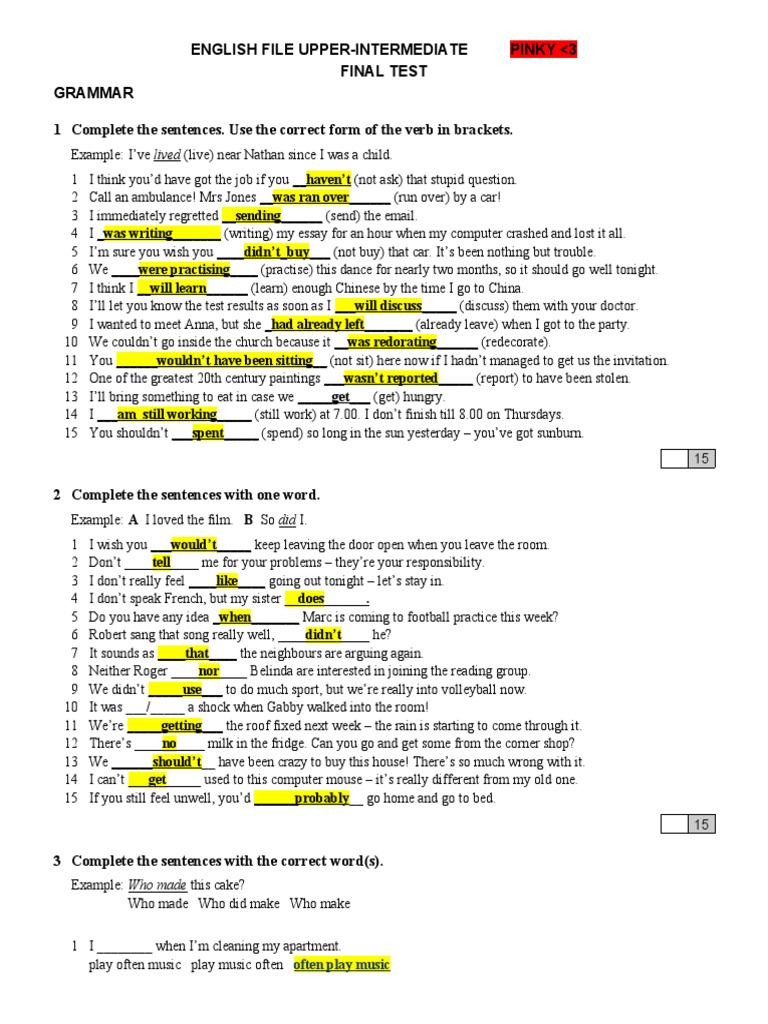 English File Upper-Intermediate Pinky 3 Final Test Grammar 1 Complete ...