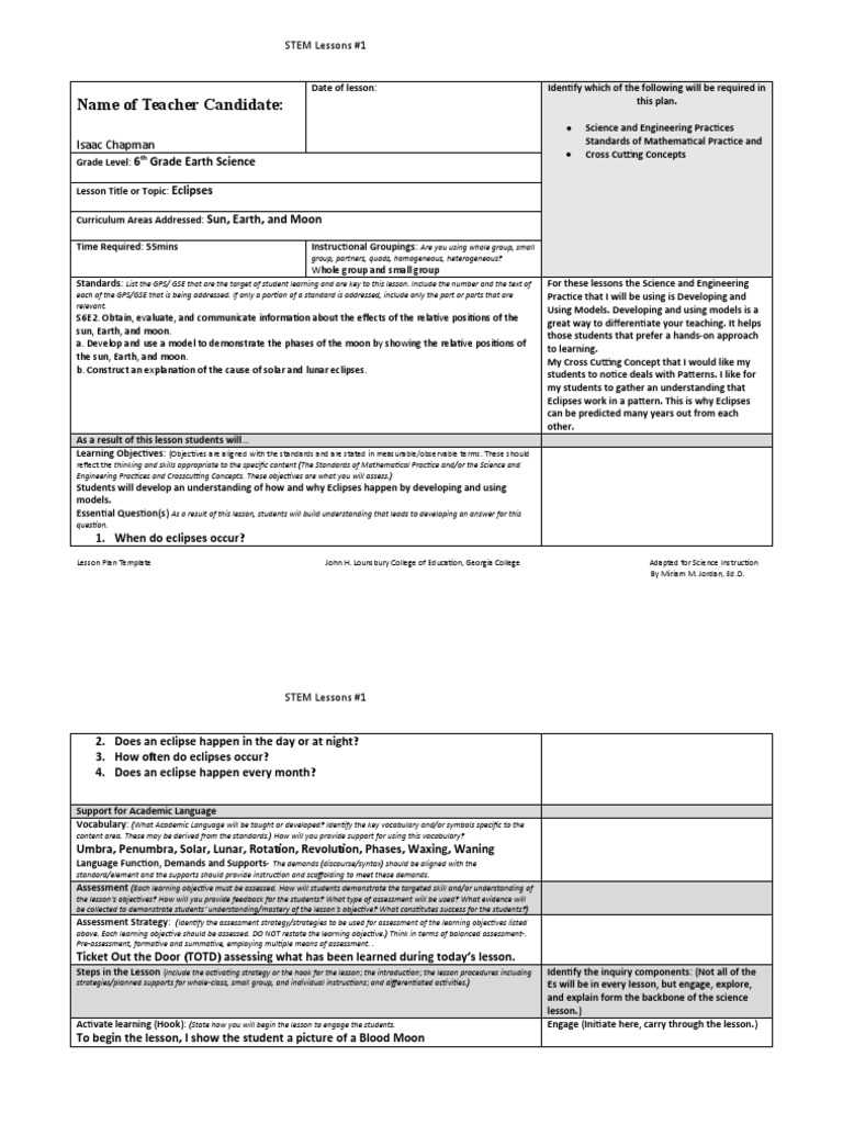 Stem Lesson 1 | PDF | Eclipse | Lesson Plan