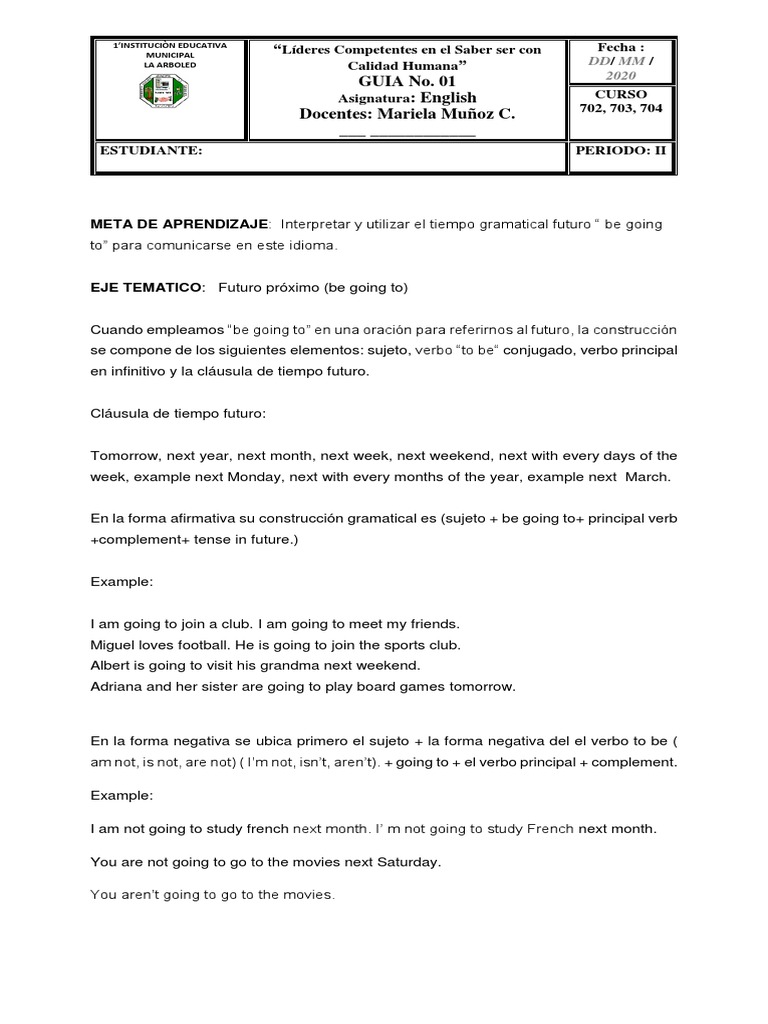 GUIA No. 01: English Docentes: Mariela Muñoz C. | PDF