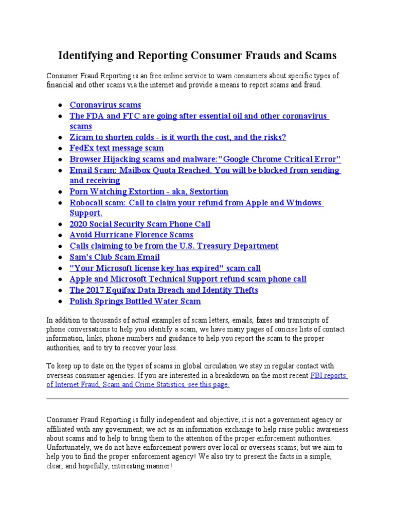 Identifying and Reporting Consumer Frauds and Scams | PDF | Spamming ...