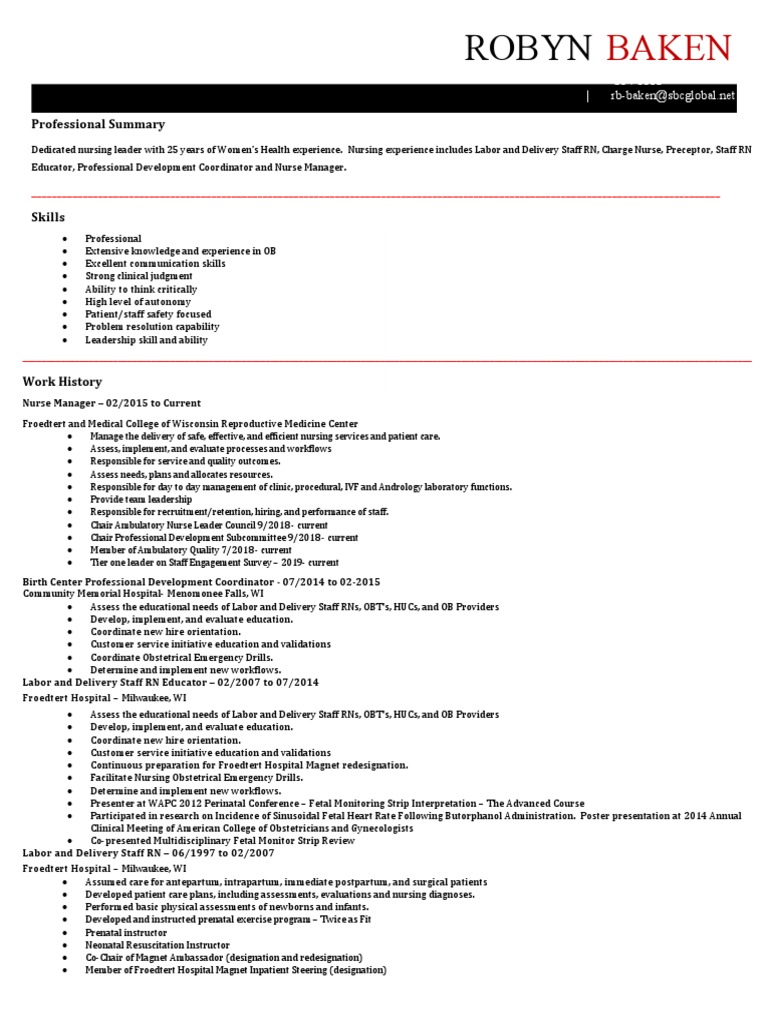 Robyn Baken Resume 11 | PDF | Nursing | Childbirth