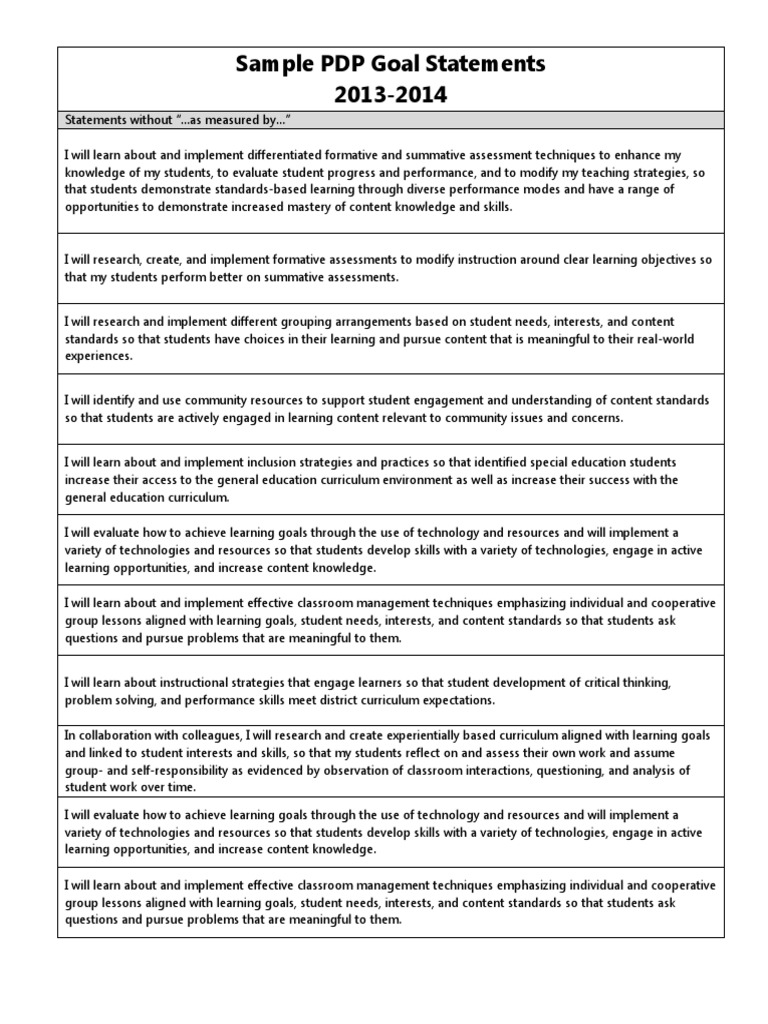 Sample PDP Goal Statements 2013-2014 | PDF | Educational Assessment ...