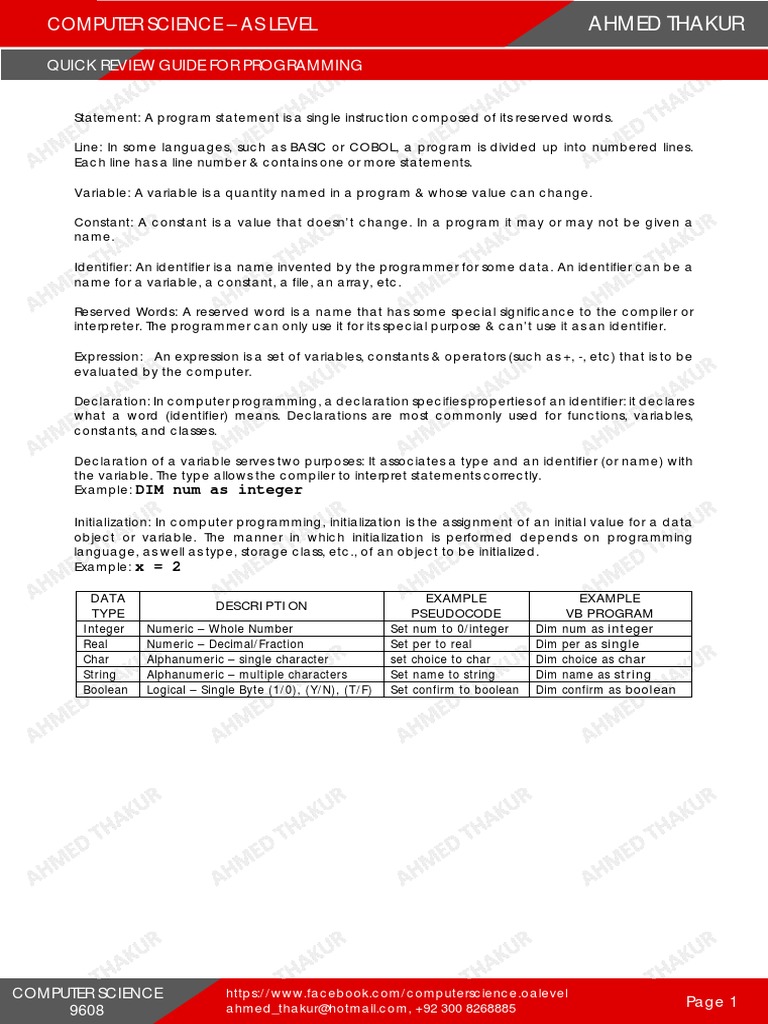 Quick Review Guide For Programming | PDF | Subroutine | Data Type